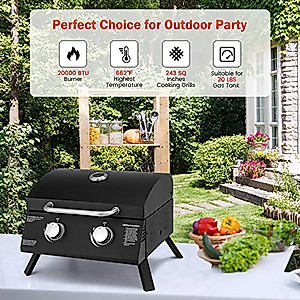 COSTWAY Portable Gas Grill, 20,000 BTU Tabletop Barbecue Grill with 2 Burners, Dual Temperature Control, Folding Legs, Built-in Thermometer, Propane Gas Grill for RV Backyard BBQ Camping Patio, Black
