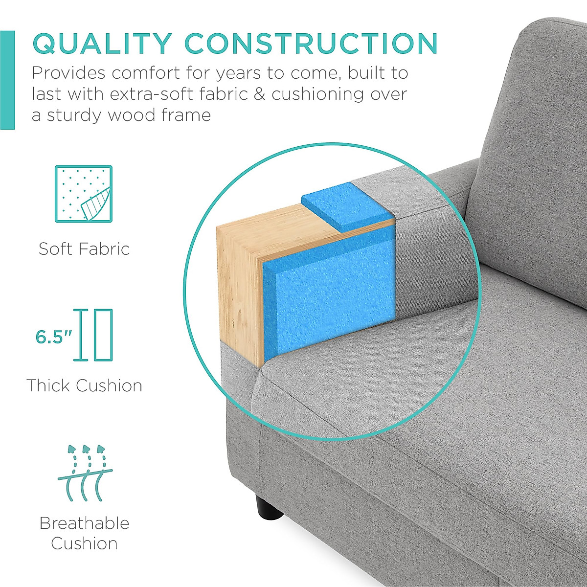 Best Choice Products Upholstered Sectional Sofa for Home, Apartment, Dorm, Bonus Room, Compact Spaces w/Chaise Lounge, 3-Seat, L-Shape Design, Reversible Ottoman Bench, 680lb Capacity - Light Gray