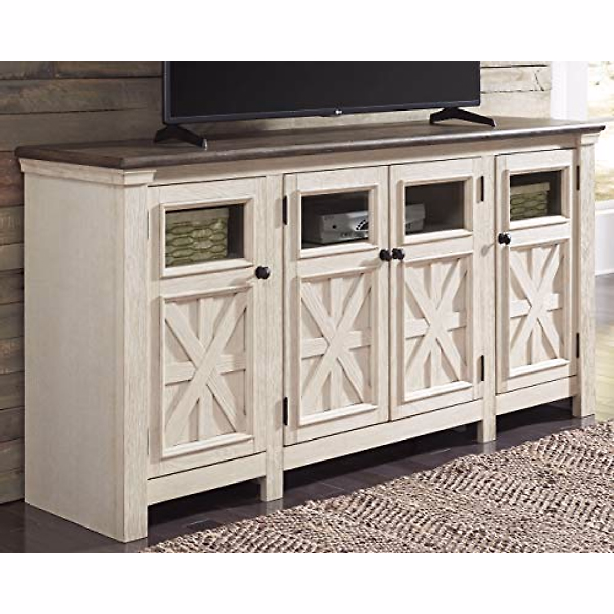 Signature Design by Ashley Bolanburg Two Tone Farmhouse TV Stand, Fits TVs up to 72", 3 Cabinets and Adjustable Storage Shelves, Whitewash