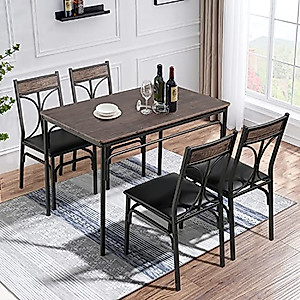VECELO 5 Piece Kitchen Room Chairs Set for Home, Dinette, Breakfast Nook, Farmhouse, Small Space, Dining Table for 4, Dark Brown