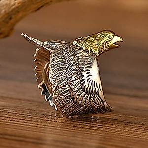 Two Tone Flying Eagle Ring with Golden Head Vintage 925 Sterling Silver Hawk Ring for Men Women Open Adjustable