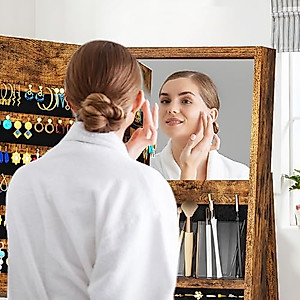 SDHYL Mirror Jewelry Cabinet Standing, 360° Swivel Mirror with Storage Full Length with Jewelry Storage,Jewelry Organizers and Storage Makeup Storage with Lock, Best Gift for Wife & Girls, 63"x15"