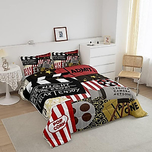 Popcorn Print Comforter Movie Theater Comforter Set Cinema Poster Design Bedding Set for Kids Boys Girls Rustic Wooden Duvet Set Full Size with 2 Pillow Case Boys