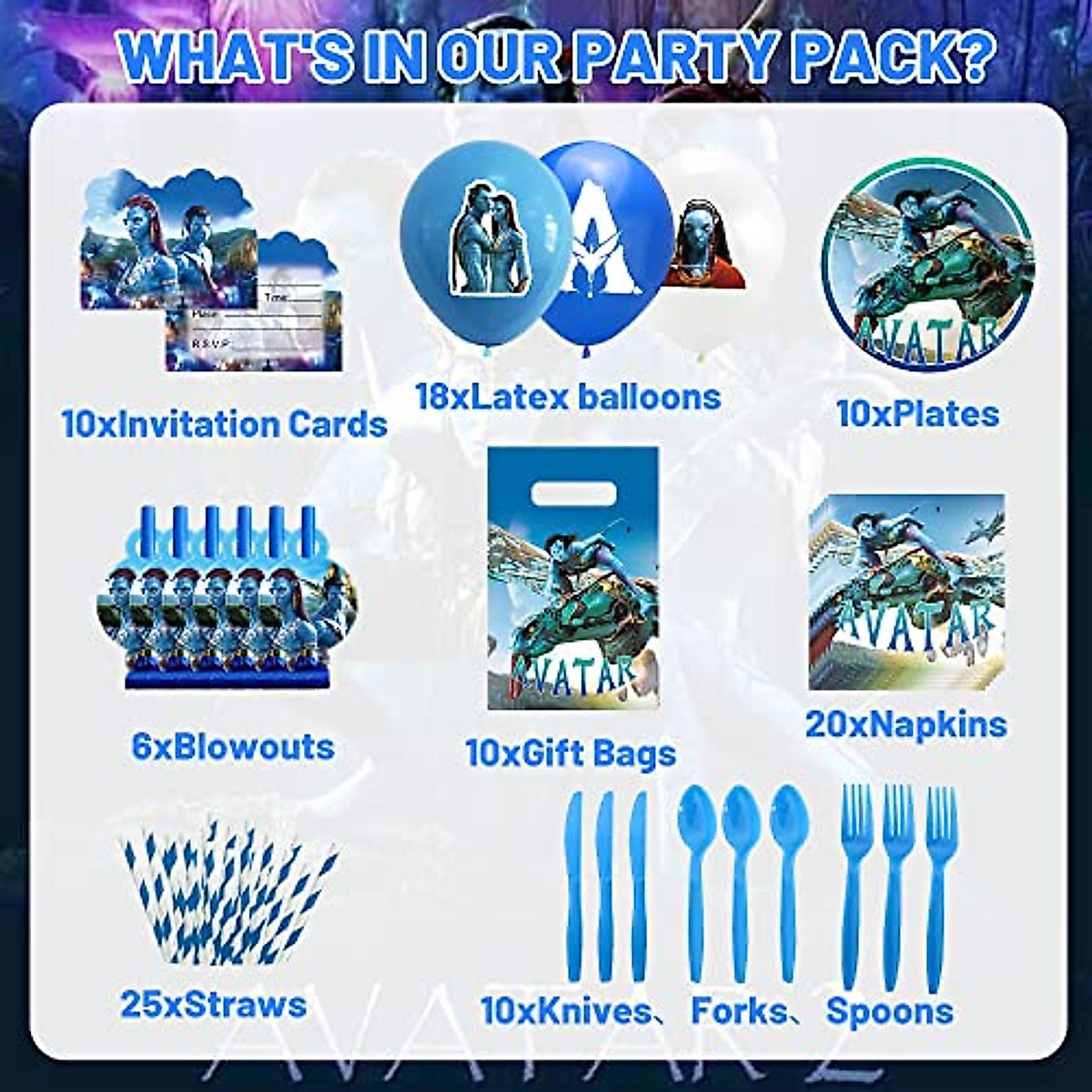 175 PCS Avatar Theme Birthday Party Supplies, Avatar 2 Party Decorations with Happy Birthday Banner, Backdrop, Balloons, Gift Bag, Cake Topper, Plates, Napkins, Tablecloth for Kids Serve 10 Guests