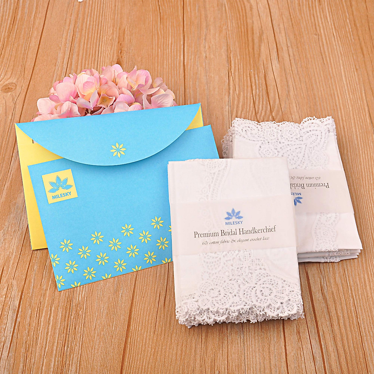 Milesky White Wedding Handkerchief Pure Cotton, Soft Ladies Hanky with Crochet Lace CH02