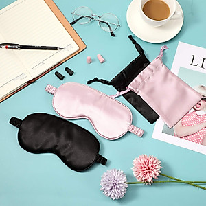 Silk Satin Sleeping Mask Eye Mask Set Include 2 Blindfold Eyeshade Elastic Strap Double Layer Silk Filling Eye Cover 2 Ear Plugs 2 Storage Bags for Women and Men Sleep Travel Nap (Black, Taro Purple)