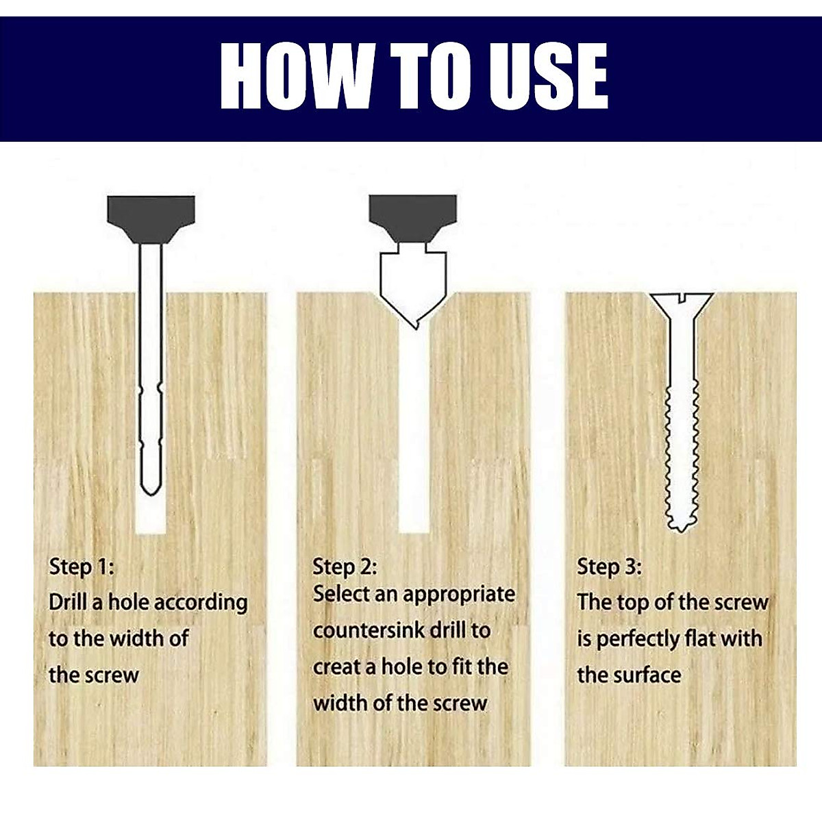 Tomato Palace Countersink Drill Bit Set 3 PCS High Carbon Steel Universal 1/4 inches Hex Shank Countersink Drill Bit Set for Wood + Spring Loaded Automated Center Punch