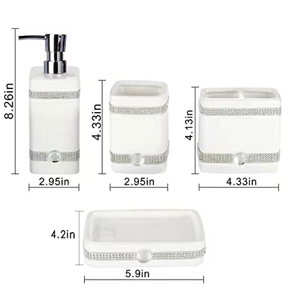 CAA'S Bathroom Accessories Set Ceramic 4 Pieces Bathroom Ensemble for Bath Decor Includes Lotion Dispenser Toothbrush Holder Tumbler Soap Dish (White Inlaid Zircon)