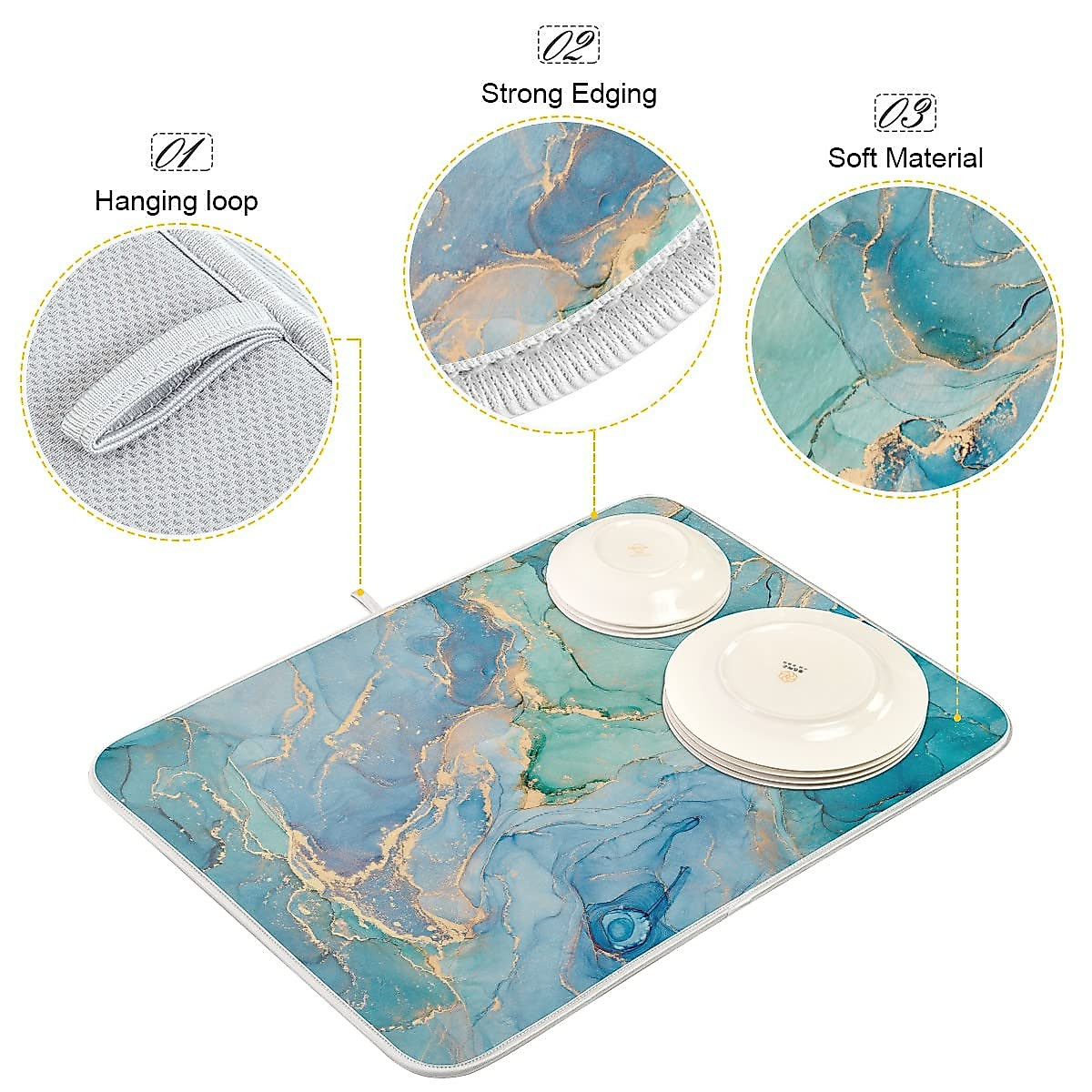 Marble Dish Drying Mat for Kitchen Counter Blue Teal Turquoise Gold Drying Mat 18 x 24 Inch with High Absorbent Reversible Microfiber Dish Drying Pad Dish Rack Pad Drainer Mat for Coffee Bar