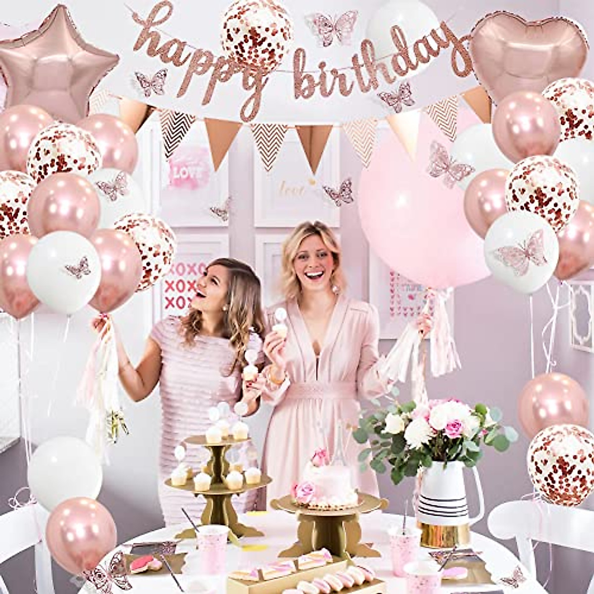 Rose Gold Birthday Decorations, Happy Birthday Banner Rose Gold, Rose Gold Balloons, Rose Gold Tablecloth Fringe Curtains, Pennant Banner and 3D Butterfly Stickers for Women Girls Birthday Party Supplies