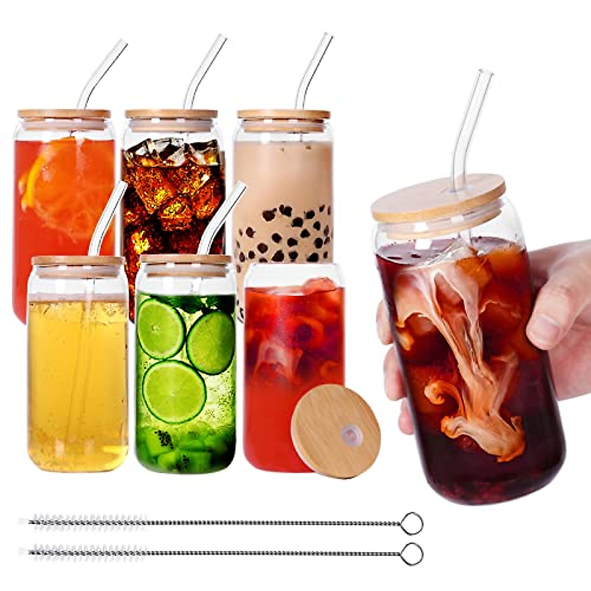 CZFWin Drinking Glasses with Bamboo Lids and Glass Straws - Pack of 6 16oz Can Shaped Glass Cups, Beer Glasses, Iced Coffee Glasses, Cute Tumbler Cup, Ideal for Whiskey, Soda, Tea, Water