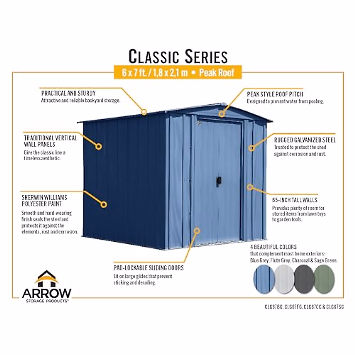 Arrow Classic Steel Storage Shed, 6x7, Flute Grey