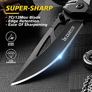 IKORES Pocket knife, 3.5 inch Folding Pocket Knife with Steel Handle, Folding Knife with Clip for Camping, Hunting and Hiking Great Gift for Men and Women