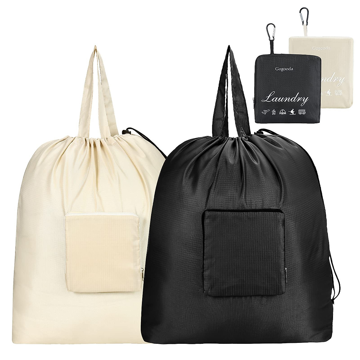 GOGOODA Travel Laundry Bags with Drawstring Closure XL Large Foldable Dirty Clothes bags with Handle Heavy Duty and Washable for College Dorm Travelling Camping, 2 Pack, Black & Beige