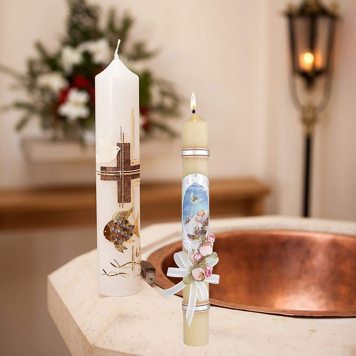 Needzo Catholic Baptism Candle for Girls, Pillar Candles with Ribbon, Faux Flowers, and Image of Infant, Baptismal Gift, 11.25 inches Tall