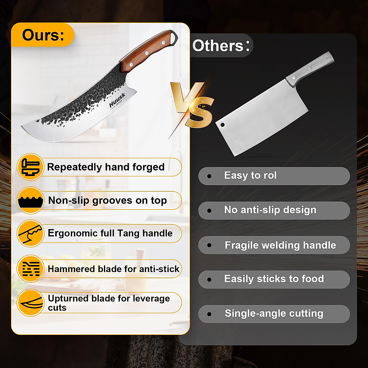 Huusk Butcher Knife for Meat Cutting, Meat Cleaver Knife Heavy Duty with Sheath, Hand Forged Cooking Knife with Full Tang handle for Kitchen or BBQ, Gift for Dad