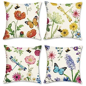 Bonhause Spring Floral Throw Pillow Covers 18x18 Set of 4 Wildflowers Plants Butterfly Patio Decorative Pillow Cushion Cases Outdoor Cushion Covers for Couch Sofa Bedroom Car Home Decor