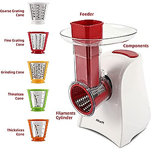 Electric Slicer, ASLATT Electric Cheese Grater for Home Kitchen Use, One-Touch Control Cheese Shredder, Salad Maker Machine for Fruits, Vegetables, Cheese Grater with 5 Attachments, 120V,White