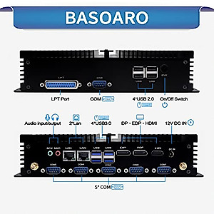 BASOARO Mini Industrial Fanless Desktop PC, Tiny Desktop Computer i7 8550U, 64G RAM 512G SSD 1TB HDD, Mini PC Dual RJ45 LAN, DP/EDP/HD, LPT, 6 RS232 COM, WiFi, BT, Windows 11 Pro/Linux