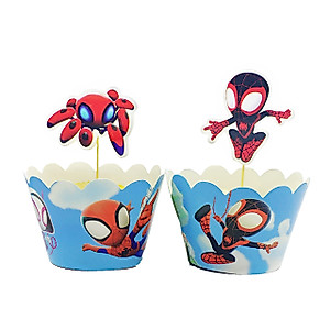 12pc Spidey Cupcake Topper and Cupcake Wrapper Picks Boy Children Spidey Party Decoration Kid's Birthday Spidey Party Decoration Supplies.