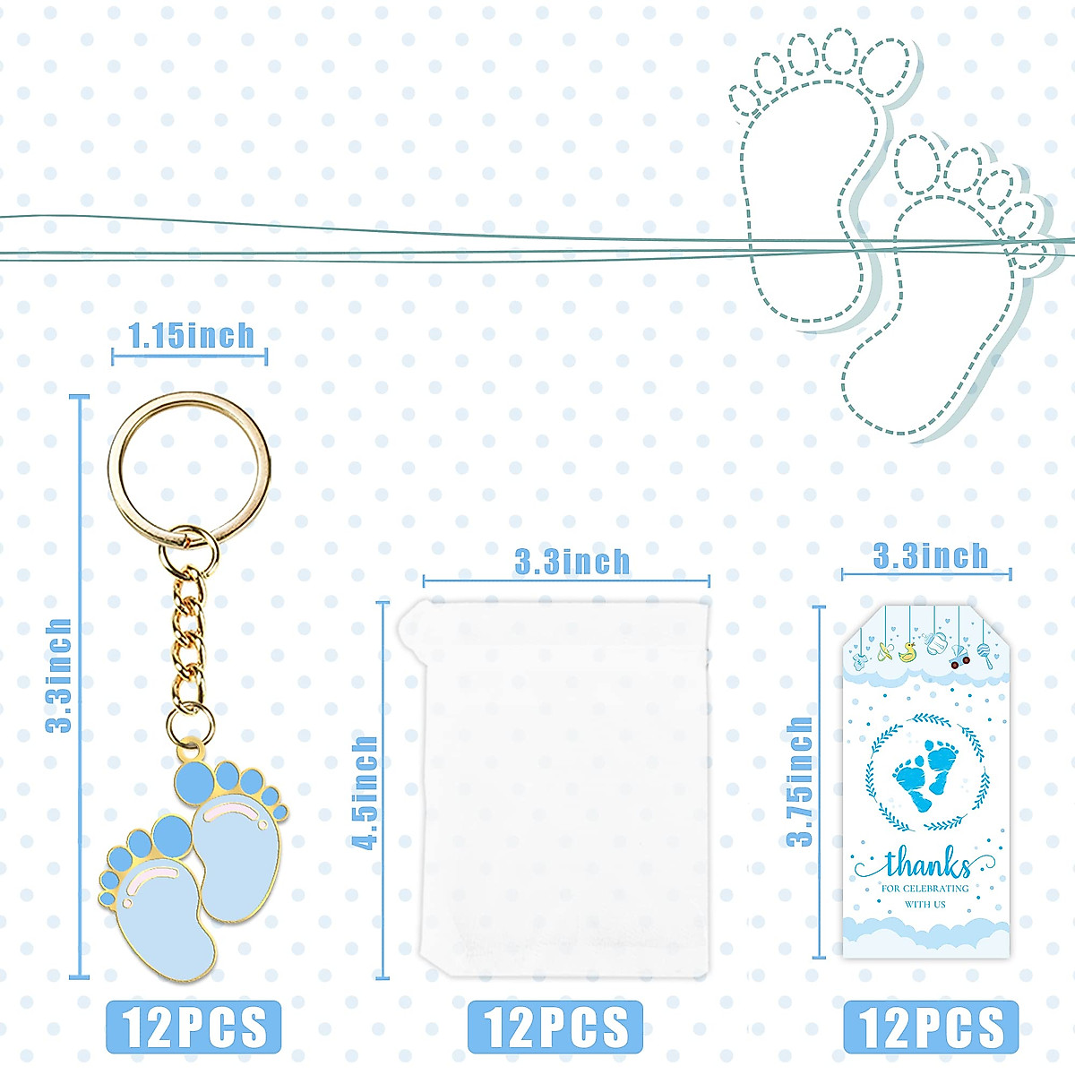 BUYWUMORE 12 Sets Baby Shower Favors for Boy Blue Footprint Keychain Gifts with White Organza Bags and Thank You Tags for Oh Baby It's a Boy Baby Shower Party Decorations Supplies(Boy)