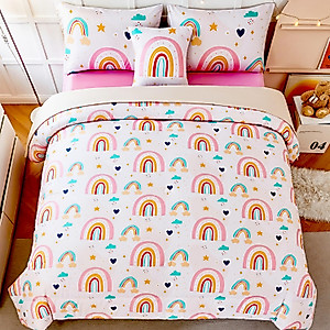 ANGIYUIN 6 Pieces Multi-Color Rainbow Queen Bedding Comforter Set for Girls Kids Cute Cloud and Love Hearts Girls Bedding Set Soft Microfiber Kid Bed in a Bag with Comforter, Sheets, Pillowcases