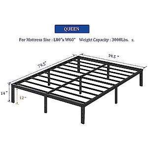 YUSENHEEI 14 Inch Queen Size Bed Frame, No Box Spring Needed, Heavy Duty Metal Platform Bed Frame with Large Underbed Storage Space, Noise Free, Easy Assembly, Black