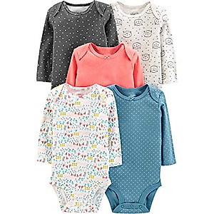 Simple Joys by Carter's Baby Girls' 5-Pack Long-Sleeve Bodysuit, Dots/Floral/Hearts/Owl, 0-3 Months