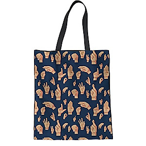 INSTANTARTS ASL Hand Sign Girl Student Handle Handbag Dark Blue Linen Tote Bag