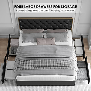 HIFIT King Upholstered Bed Frame with 4 Storage Drawers and Handmade Button Tufted Headboard, Modern PU Leather King Platform Storage Bed with Solid Wooden Slats, No Box Spring Needed, Golden & Black