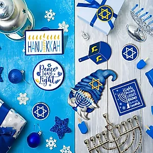 10 Pieces Happy Hanukkah Tiered Tray Decor-Hanukkah Wood Signs Decor with Star of David, Hanukkah Gnome, Mini Menorah, Hanukkah Party Wooden Decor for Hanukkah Farmhouse Home Table Decor