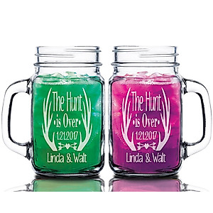The Hunt is Over Personalized 16oz Mason Jar Set of 2 Custom Country Wedding Glass Mugs for His Her Bride Groom Gift for Custom Wedding Honeymoon First