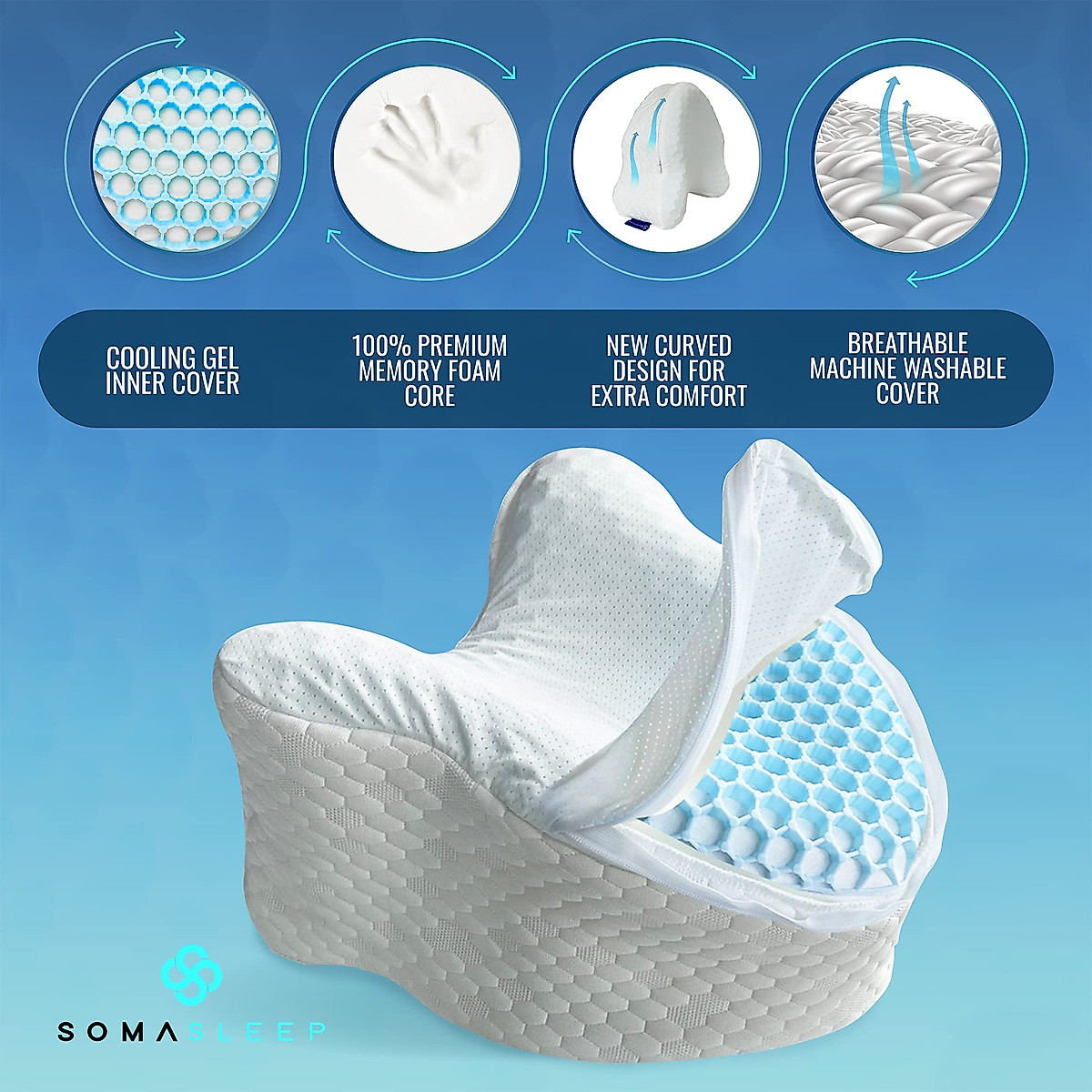 SelectSoma Knee Pillow for Side Sleepers with Cooling Memory Foam Gel Cover - Leg Cushion for Pain Relief in Sciatica, Back, HIPS, Knees, and Joints - Body Positioner for Maternity, Rest, and Sleep