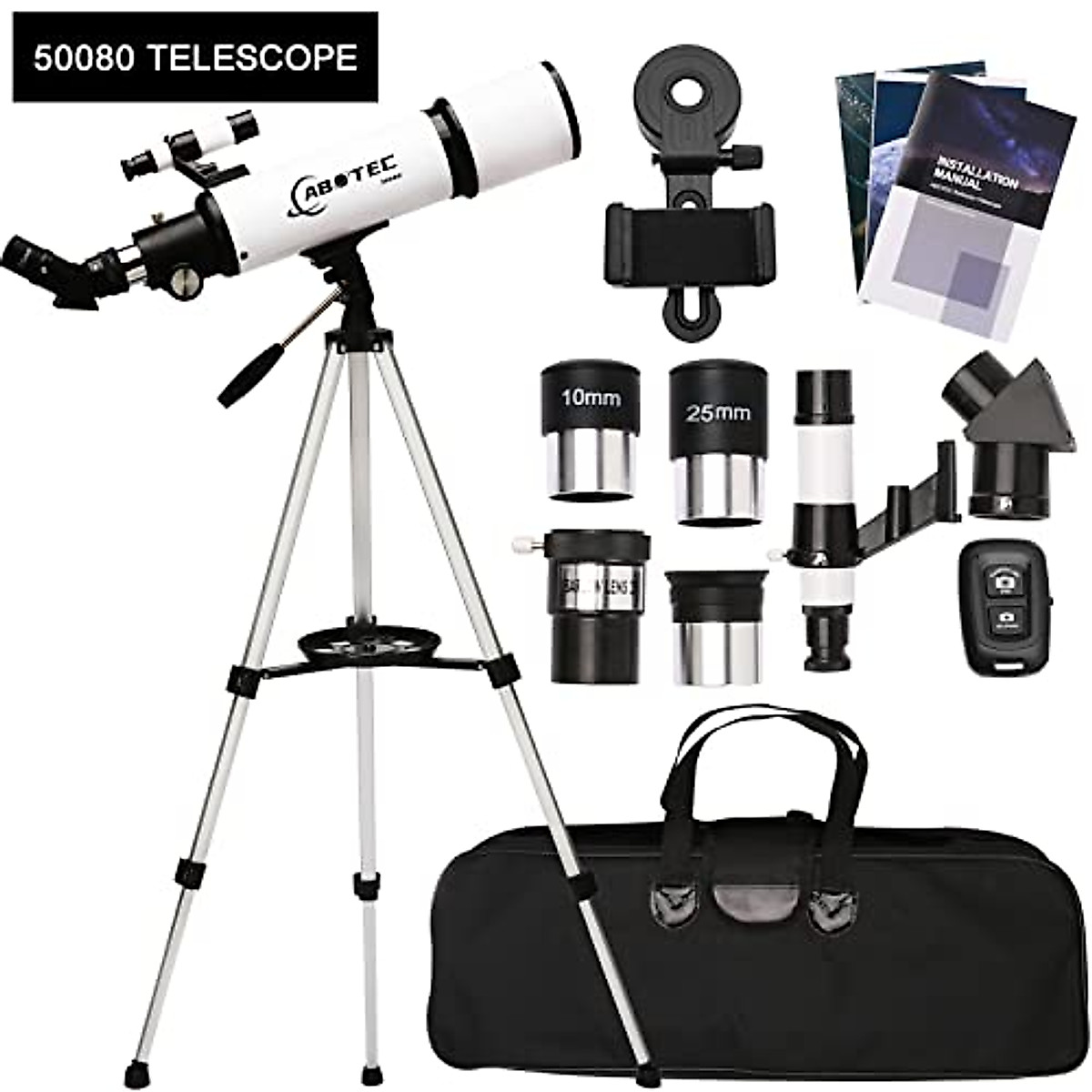 ABOTEC Telescope, 80mm Aperture Telescopes for Adults Astronomy & Kids & Beginners, Portable 500mm Refracting Telescope (25X-250X) with an Adjustable Tripod, a Bag, a Phone Adapter & a Wireless Remote
