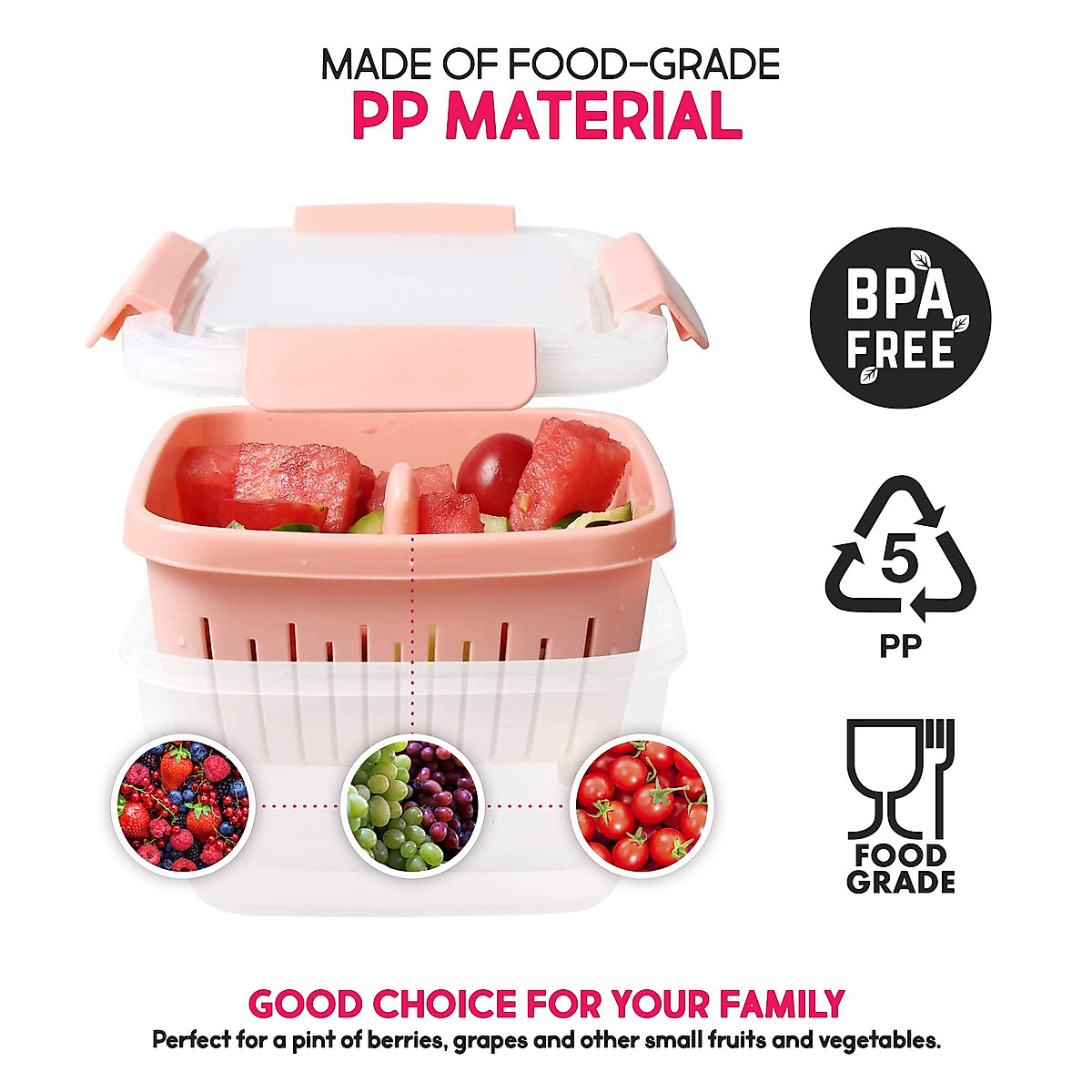 shopwithgreen 50oz Berry Keeper Container, Fruit Produce Saver Food Storage Containers with Removable Drain Colanders, Vegetable Fresh Keeper Set | Refrigerator Organizer