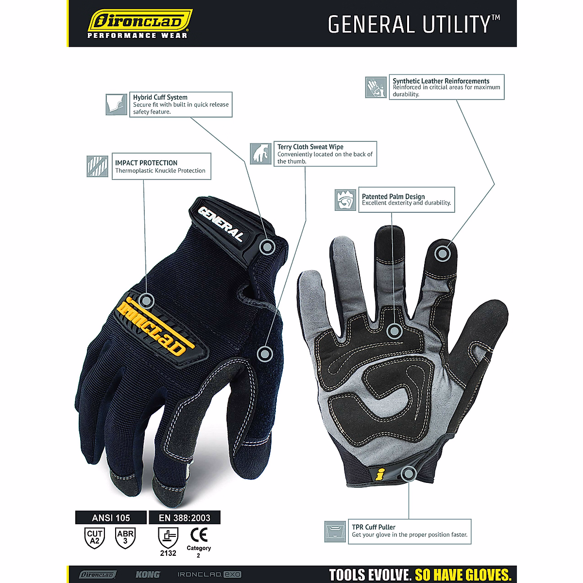 Ironclad General Utility Work Gloves GUG, All-Purpose, Performance Fit, Durable, Machine Washable, Sized X-Small, (1 Pair) Black