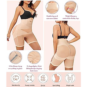 Nebility Women Butt Lifter Shapewear Hi-Waist Double Tummy Control Panty Waist Trainer Body Shaper (L, Beige-Mid Thigh)