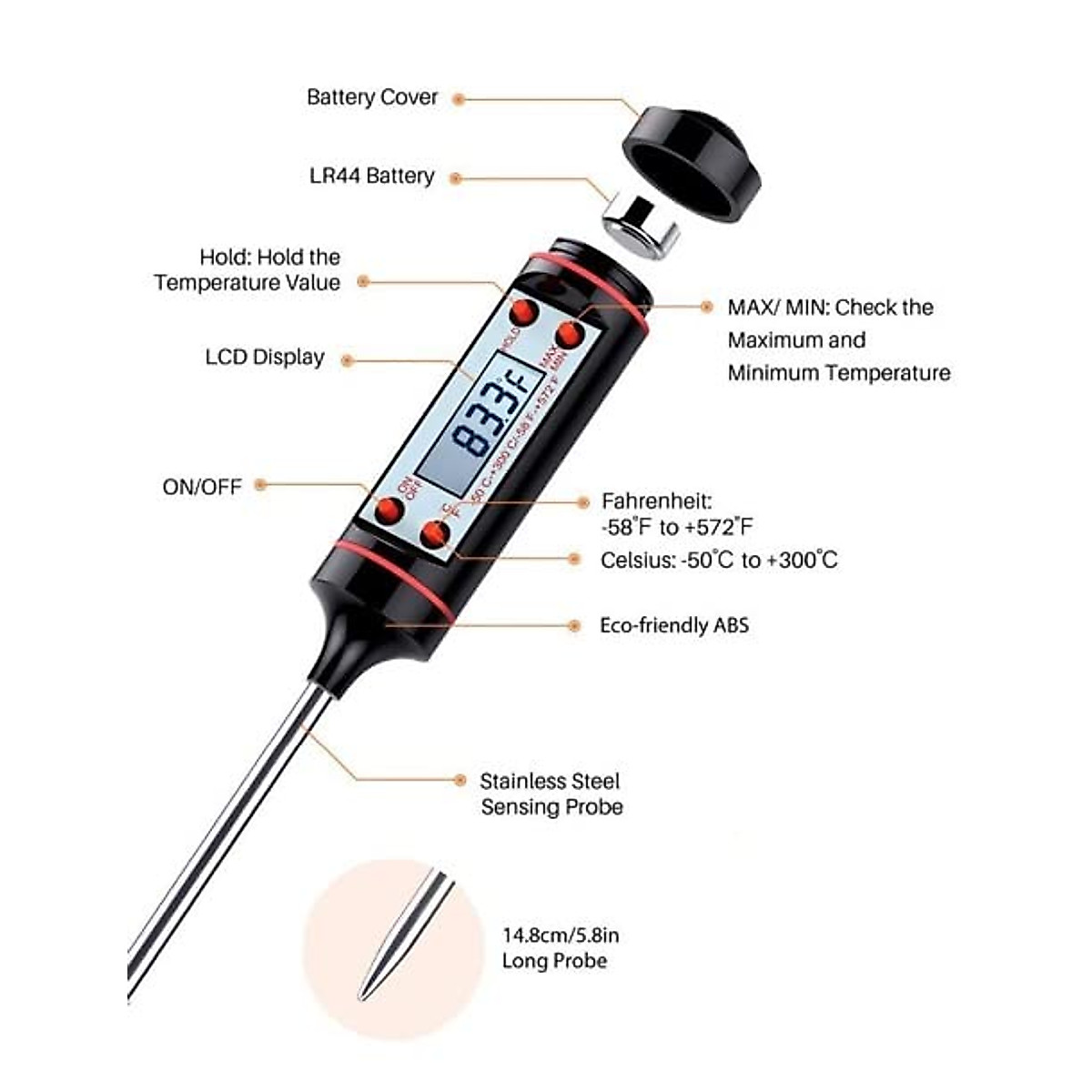 Sepa Sport Large Meat, Food & Liquid Thermometer,Fast Precise Digital Screen with 5.7 Inches Stainless Steel Probe Perfect for Any Cooking, Deep Fry, BBQ Grilling, Turkey Roasting Or Meat. (TP101)