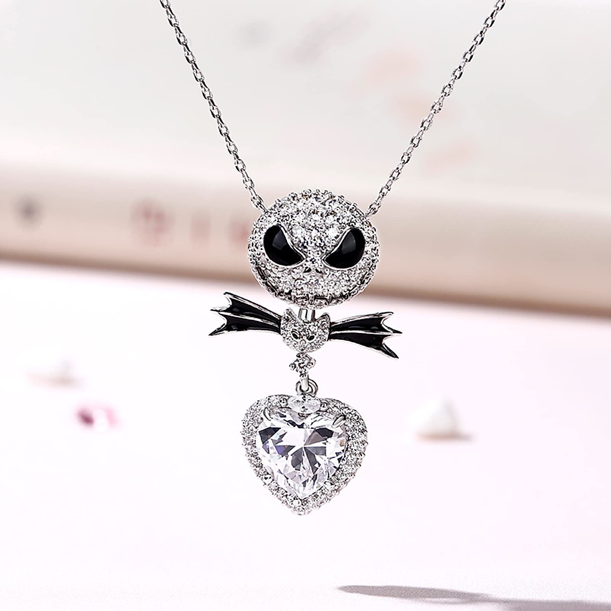 Jeulia 2.5 Carat Nightmare Necklace 925 Sterling Silver Jack and Sally Skull Pendant Necklace Heart Necklace for Women Birde Romantic Jewelry Gift for Her (Silver)