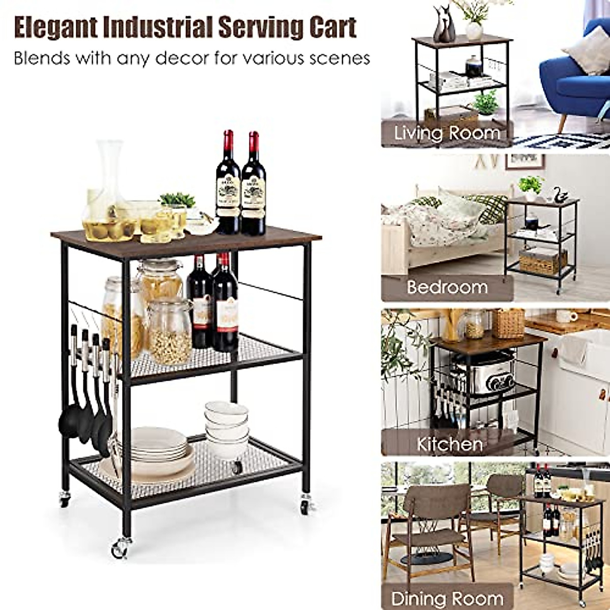 Giantex Microwave Cart 3-Tier W/Storage Shelf and Rolling Casters, Industrial Style Metal Frame for Kitchen, Living Room Accent Furniture for Living Room Rolling Serving Cart (Net-Brown)
