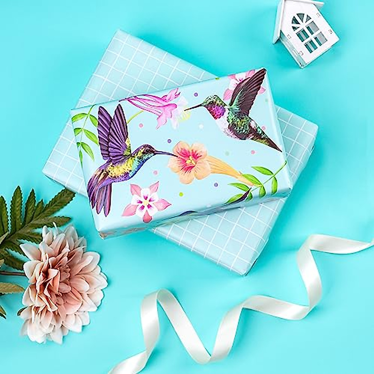 RUSPEPA Reversible Wrapping Paper Roll - Floral Design Great for Birthday, Party, Bridal Shower - 17.5 Inches X 32.8 Feet, Hummingbird