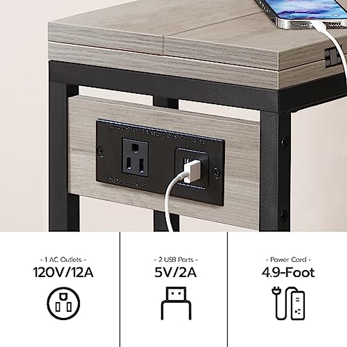 HOOBRO C Shaped Side Table with Charging Station, Foldable End Table with Fabric Bag, Sofa Table Coffee Table Snack Table for Couch Small Space Living Room, Bedroom, Greige and Black BG30USF01