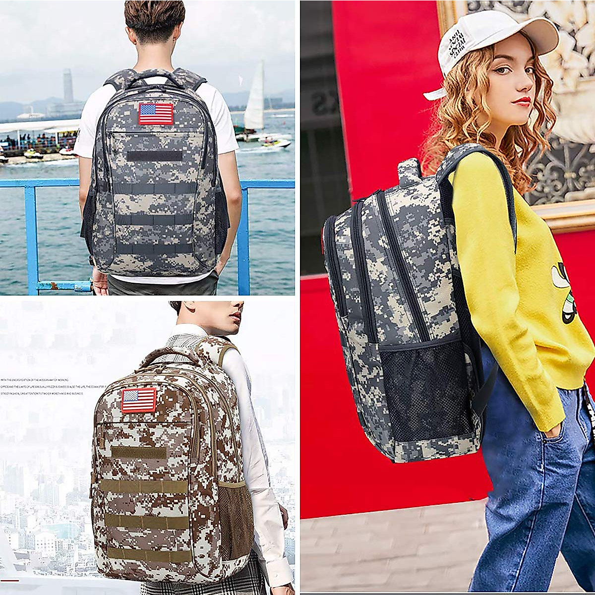 Camo Backpack, 40L Boys Backpack for School, Camouflage MOLLE Bookbag with USB Charging Port