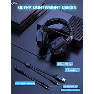 Gaming Headset with Microphone, Gaming Headphones Compatible for PS4 PS5 Xbox PC with RGB Lights, PlayStation Headset with Noise Reduction 7.1 Surround Sound Over-Ear and Wired 3.5mm Jack (Black)