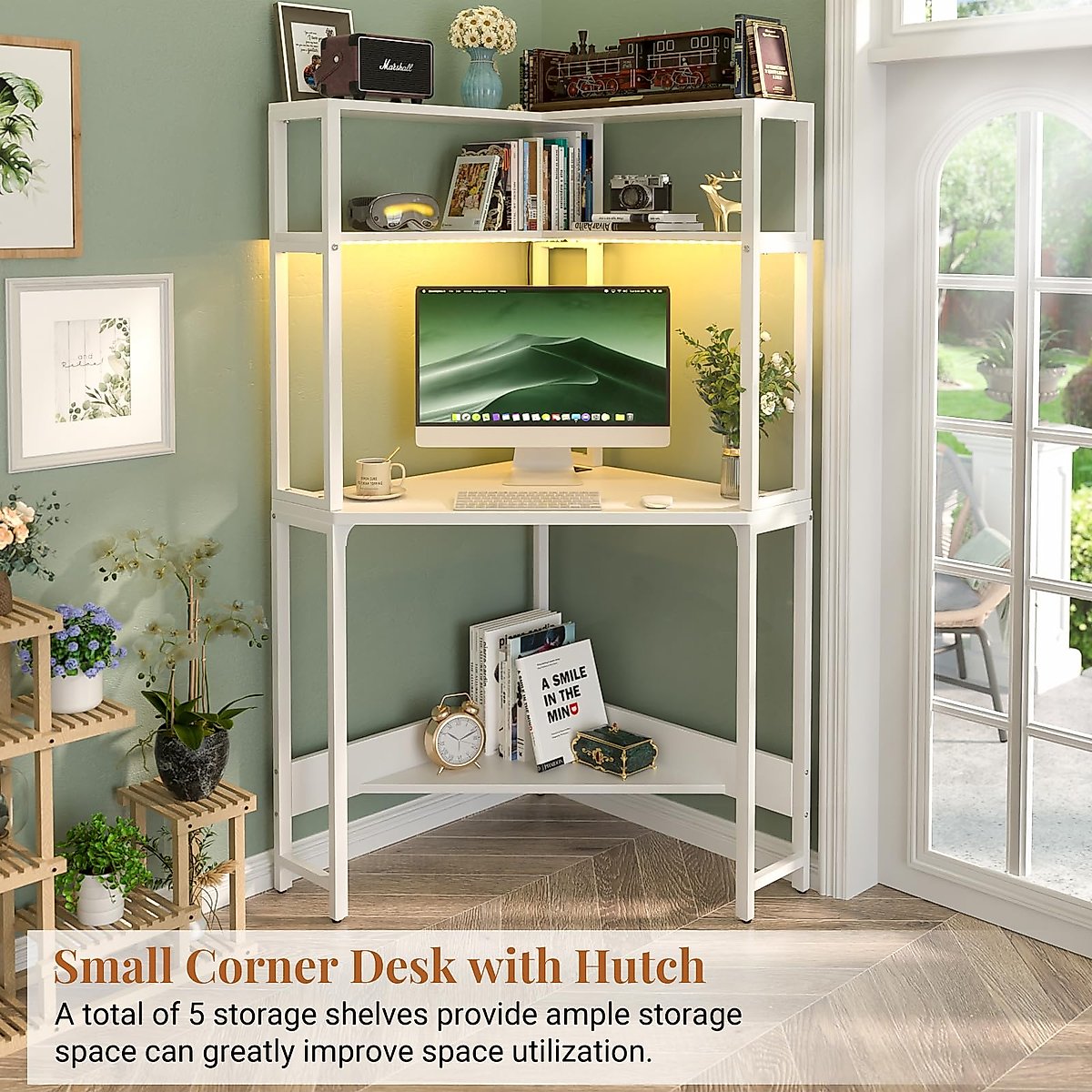 Cyclysio Mini Corner Desk with Hutch, Corner Gaming Desk with LED Light, Corner Computer Desk with Power Outlets, Triangle Corner Desk for Small Space, Home Office, Workstation, White