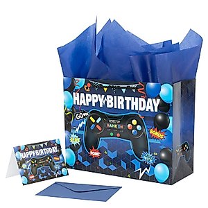 Ranfashiong 13" Large Baby Boy Gift Bag with Tissue Paper and Card for Kids Birthday Party Supplies (Game Handle 1PCS)