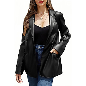 RISISSIDA Women Faux Leather Blazer Jacket Vegan Pleather Coat Black XX-L