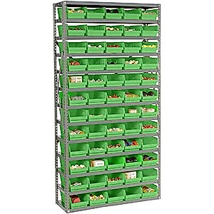 Global Industrial 13 Shelf Steel Shelving with (60) 4" H Plastic Shelf Bins, Green, 36x12x72