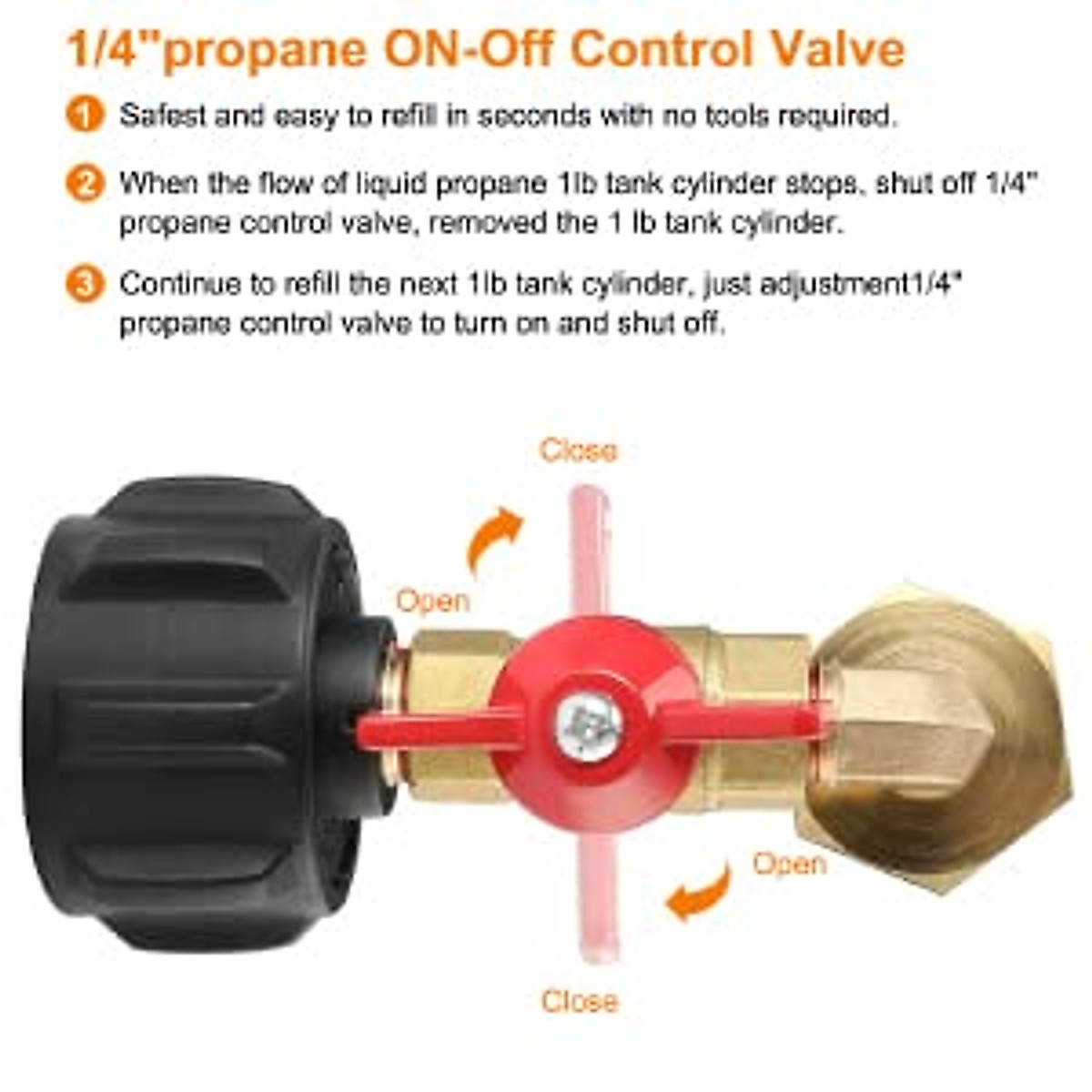 BouPower QCC1/Type1 Propane Refill Elbow Adapter with ON-Off Control Valve & 2pcs Refill 1 LB Propane Bottle Caps for Camping Grill 1lb Propane Gas Bottle Tank from 5-40LBS Cylinder