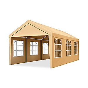 Quictent 10'x20' Heavy Duty Carport Gazebo Canopy Garage Outdoor Car Shelter Beige (with Windows)